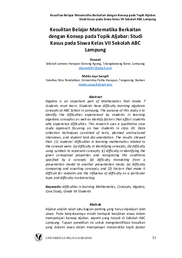 (PDF) Kesulitan Belajar Matematika Berkaitan dengan Konsep pada Topik Aljabar: Studi Kasus pada ...