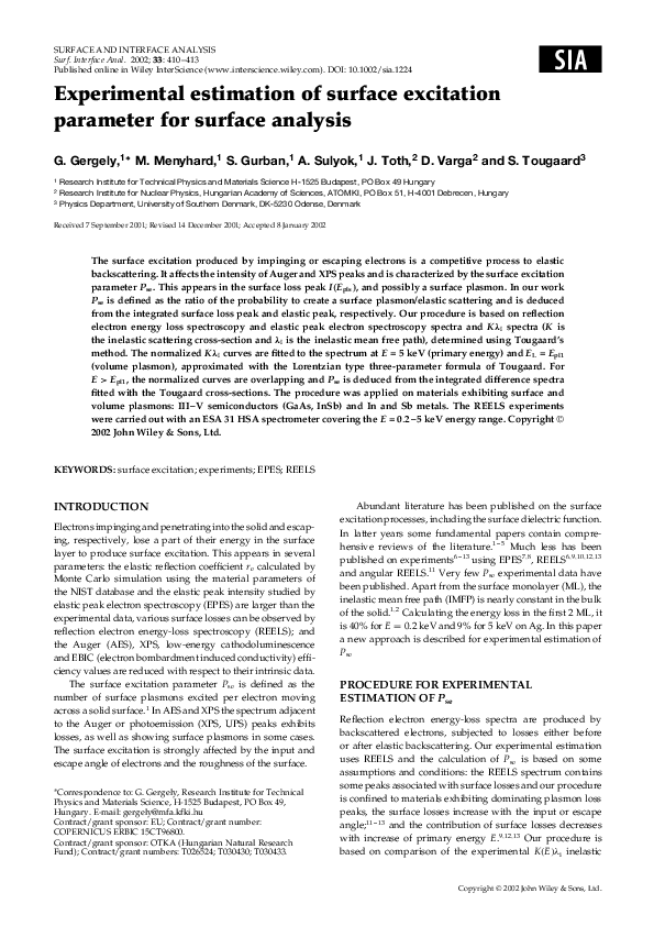 (PDF) Experimental estimation of surface excitation parameter for surface analysis