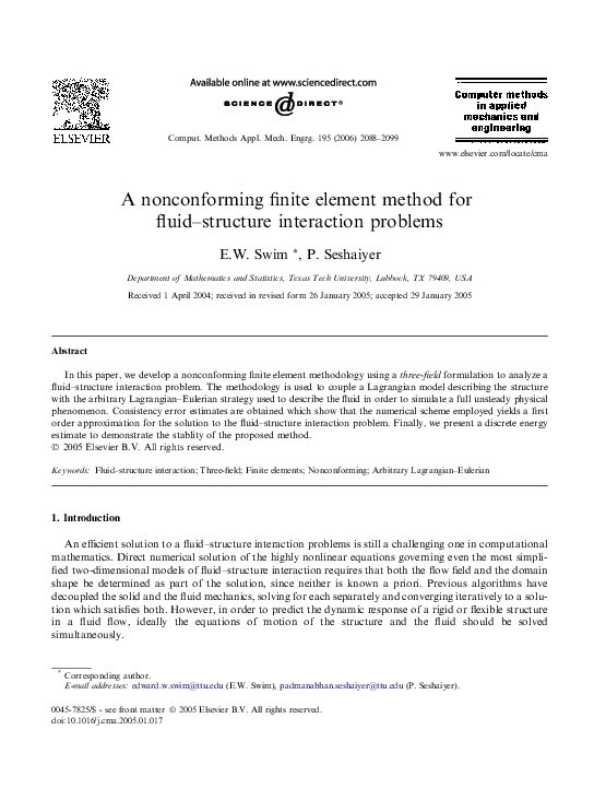 Pdf A Nonconforming Finite Element Method For Fluidstructure Interaction Problems 
