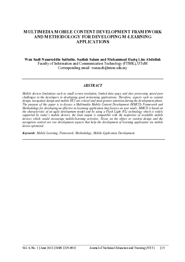 (PDF) Multimedia Mobile Content Development Framework and Methodology for Developing M-Learning ...
