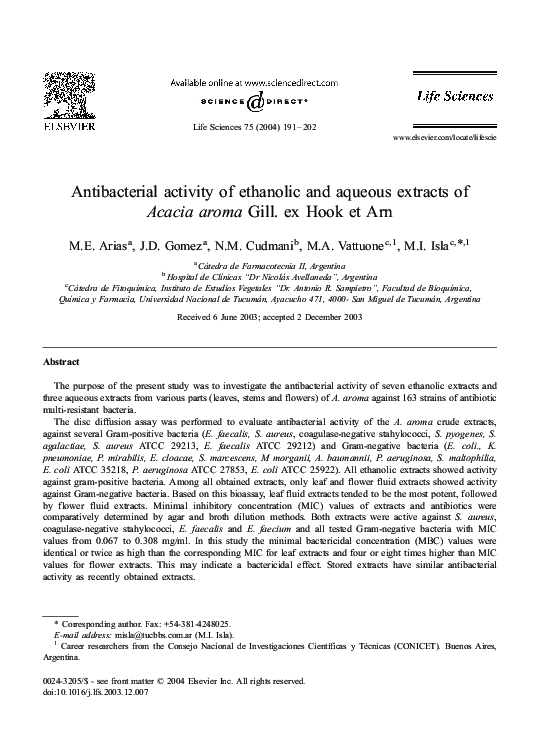 (PDF) Antibacterial activity of ethanolic and aqueous extracts of Acacia aroma Gill. ex Hook et Arn