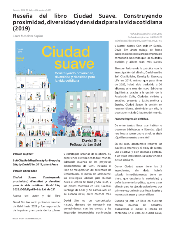 (PDF) Reseña del libro Ciudad Suave. Construyendo proximidad, diversidad y densidad para la vida ...