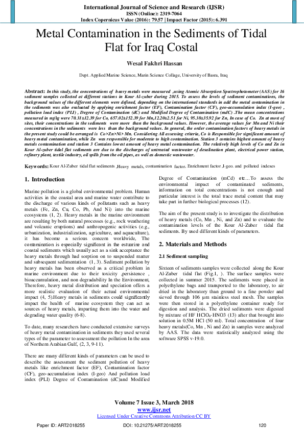 (PDF) Metal Contamination in the Sediments of Tidal Flat for Iraq Costal