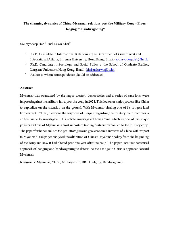 (PDF) The changing dynamics of China-Myanmar relations post the ...