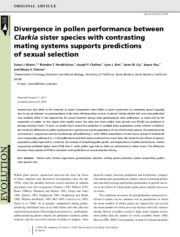 (PDF) Divergence in pollen performance between Clarkia sister species ...