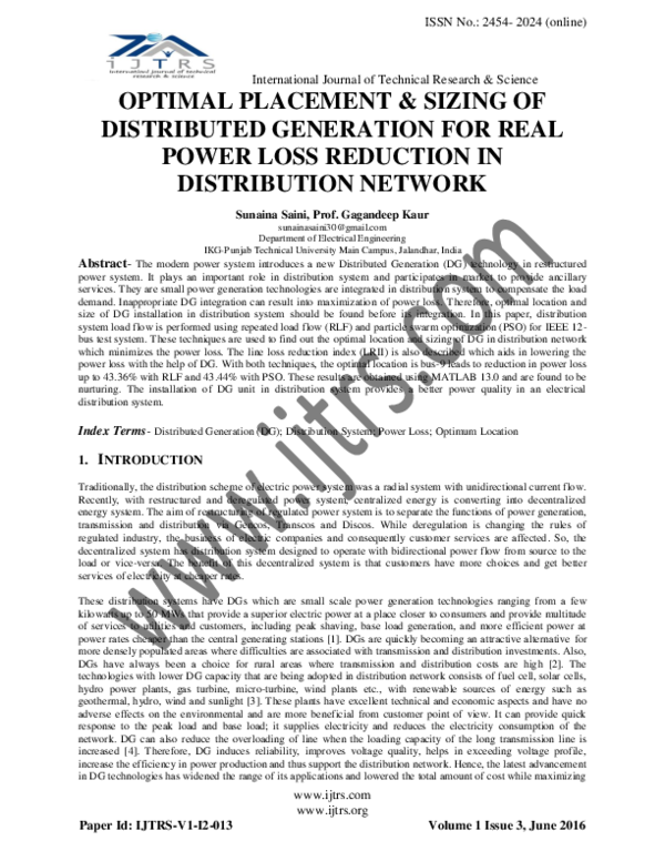 Pdf Optimal Placement And Sizing Of Distributed Generation For Real Power Loss Reduction In