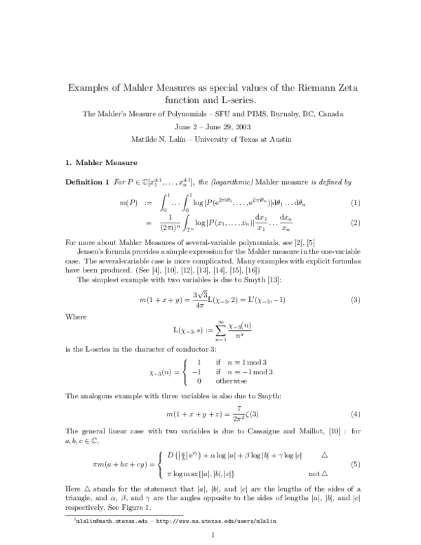 (PDF) Examples of Mahler Measures as special values of the
