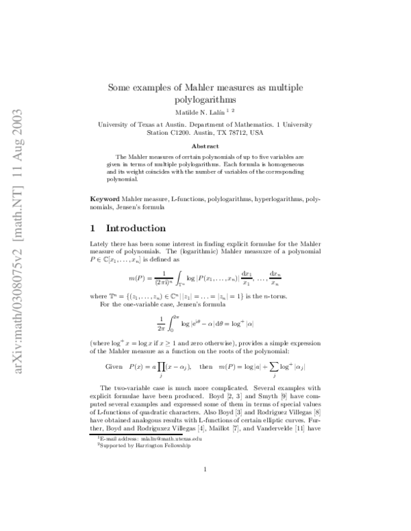 (PDF) Some examples of Mahler measures as multiple polylogarithms