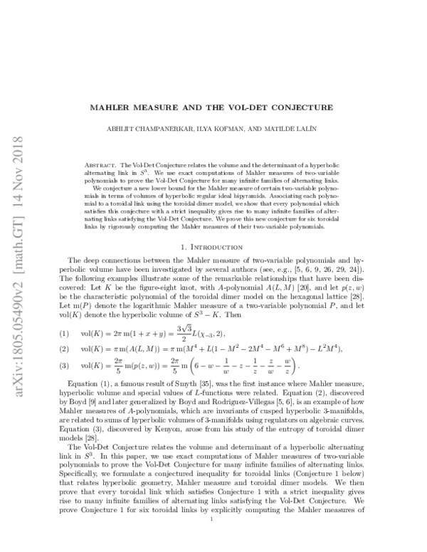 (PDF) Mahler measure and the Vol-Det Conjecture