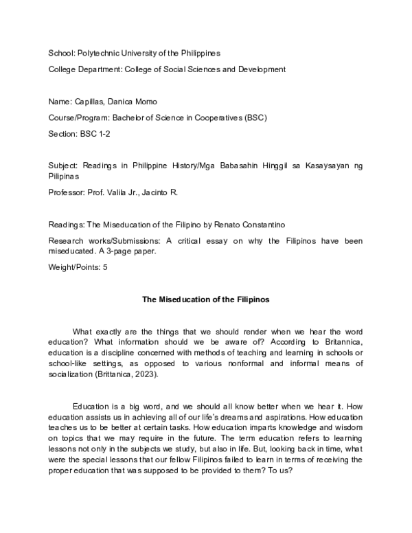 (DOC) The Miseducation of the Filipino. A Critical Essay.