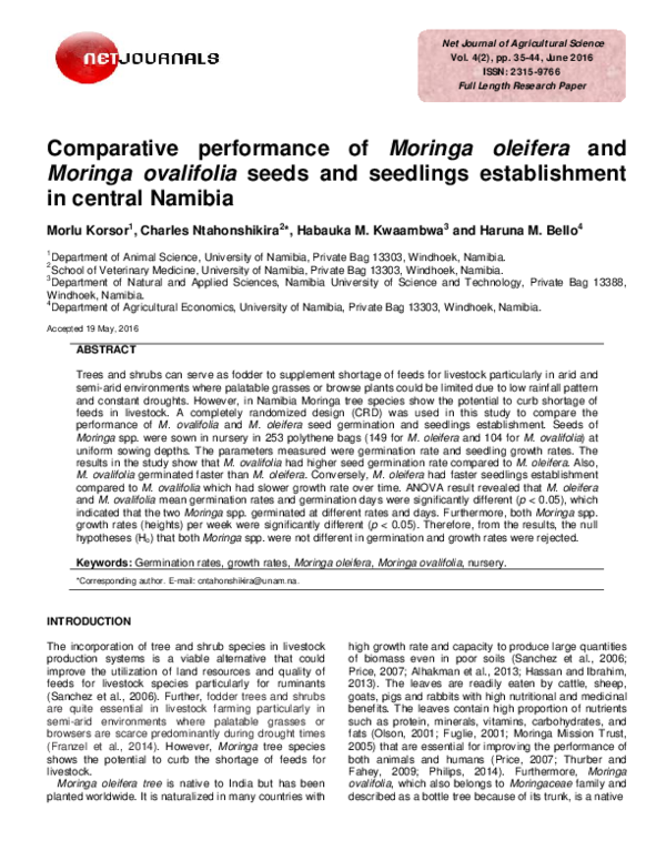 (PDF) Comparative performance of Moringa oleifera and Moringa ovalifolia seeds and seedlings ...