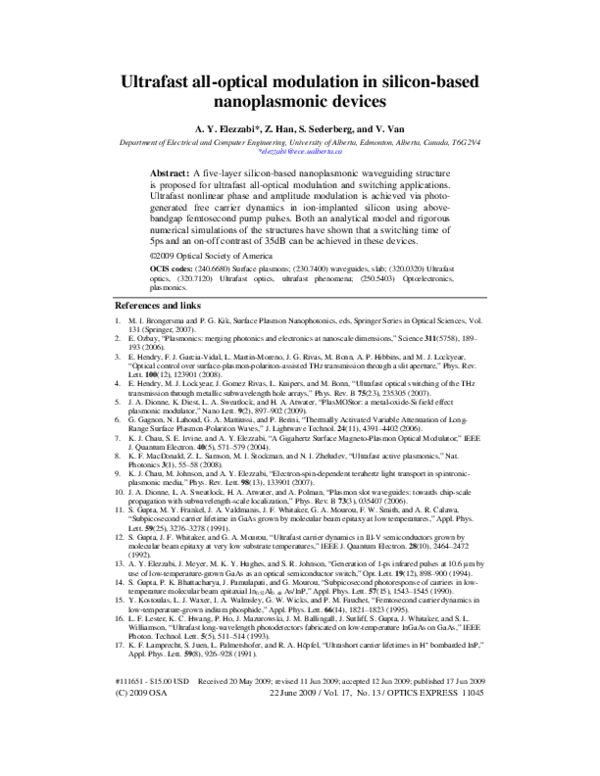(PDF) Silicon Nanoplasmonics for Ultrafast Modulation