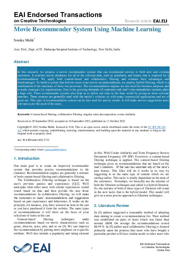 (PDF) Movie Recommender System using Machine Learning