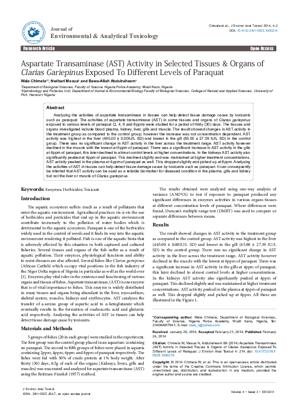 (PDF) Aspartate Transaminase (AST) Activity in Selected Tissues & Organs of Clarias Gariepinus ...