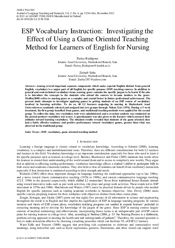 (PDF) ESP Vocabulary Instruction: Investigating the Effect of Using a Game Oriented Teaching ...