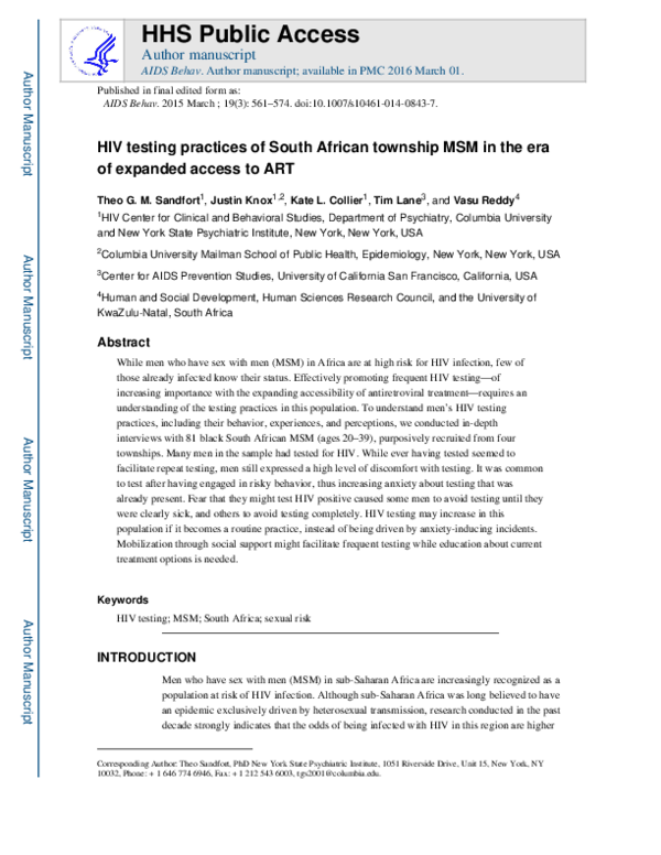 (PDF) HIV Testing Practices of South African Township MSM in the Era of ...