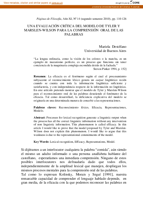 (PDF) Una Evaluación Crítica Del Modelo De Tyler y Marslen-Wilson Para ...