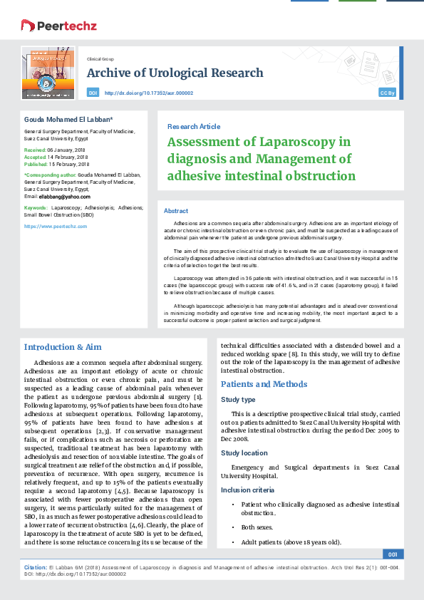 (PDF) Assessment of Laparoscopy in diagnosis and Management of adhesive ...
