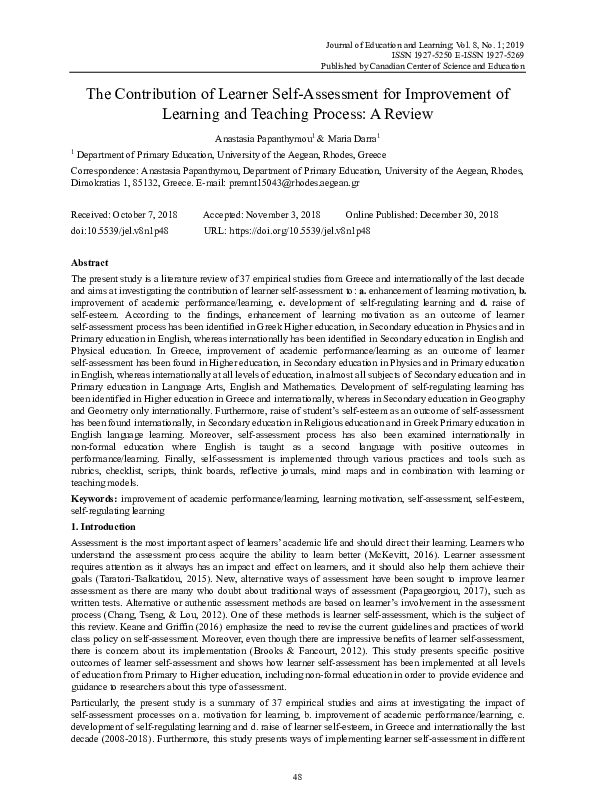 (PDF) The Contribution of Learner Self-Assessment for Improvement of Learning and Teaching ...