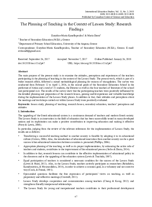 (PDF) The Planning of Teaching in the Context of Lesson Study: Research ...