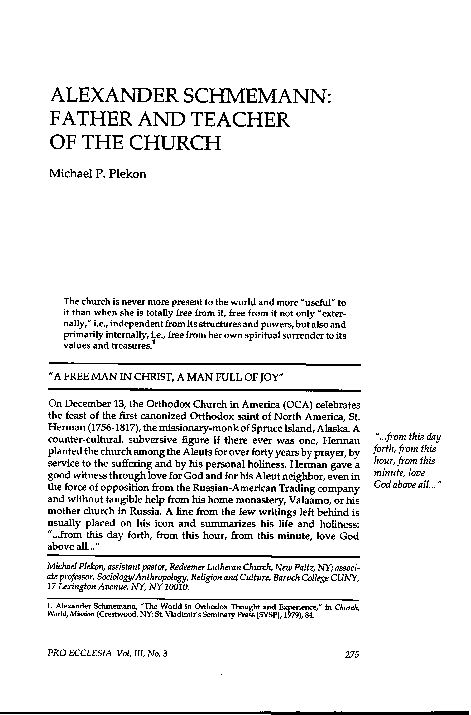 (PDF) Alexander Schmemann: Father and Teacher of the Church
