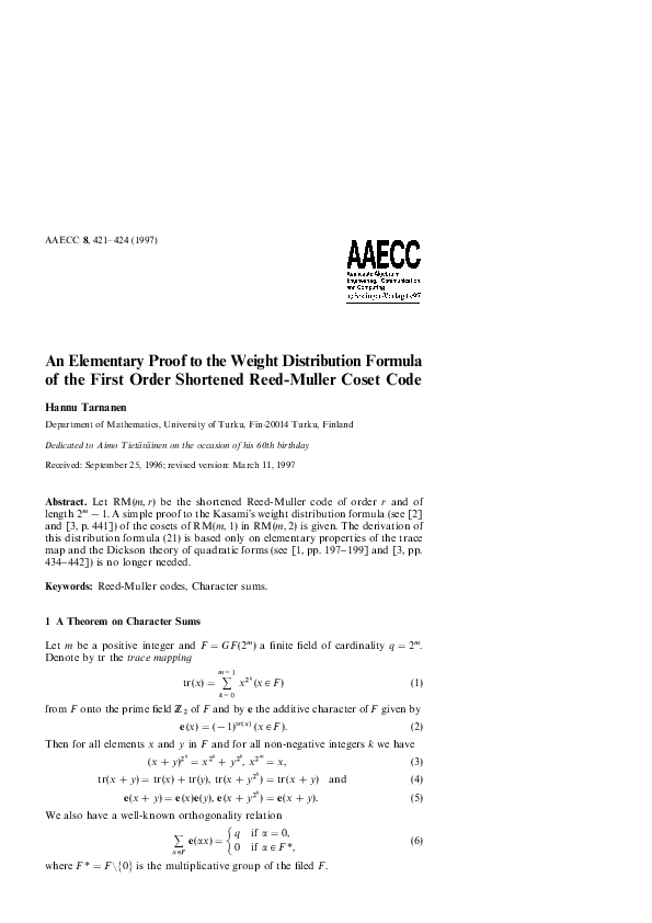 (PDF) An Elementary Proof to the Weight Distribution Formula of the ...