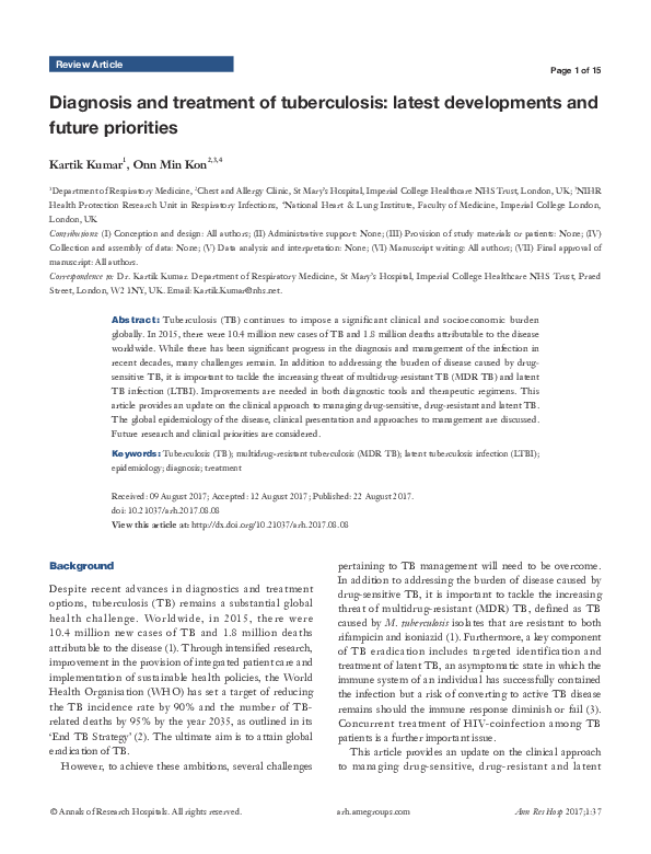 (PDF) Diagnosis and treatment of tuberculosis: latest developments and ...