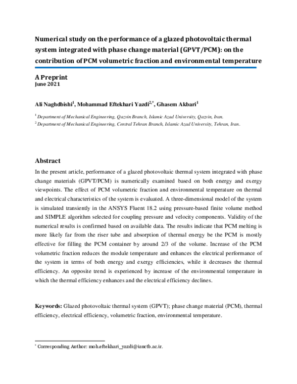(PDF) Numerical study on the performance of a glazed photovoltaic thermal system integrated with ...