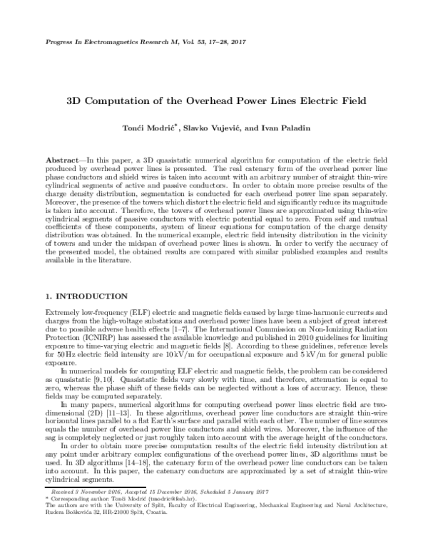 Pdf 3d Computation Of The Overhead Power Lines Electric Field