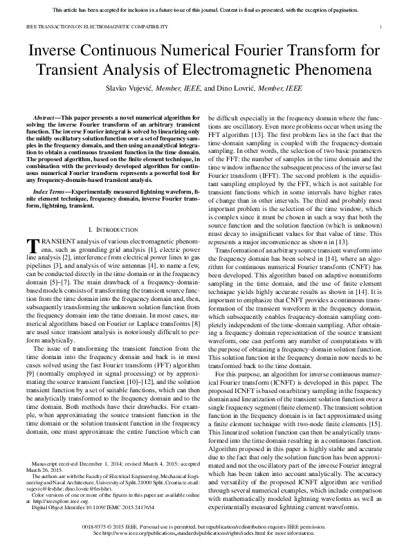 Pdf Inverse Continuous Numerical Fourier Transform For Transient Analysis Of Electromagnetic