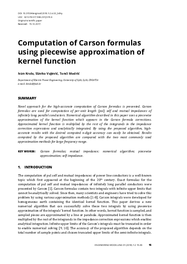 Pdf Computation Of Carson Formulas Using Piecewise Approximation Of Kernel Function