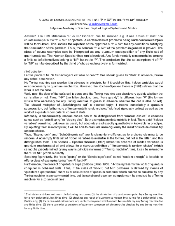 (PDF) A class of examples demonstrating that P is different from NP in the "P vs NP" problem