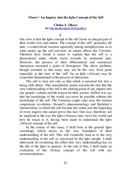 (PDF) ‘Onwe’: An Inquiry into the Igbo Concept of Self