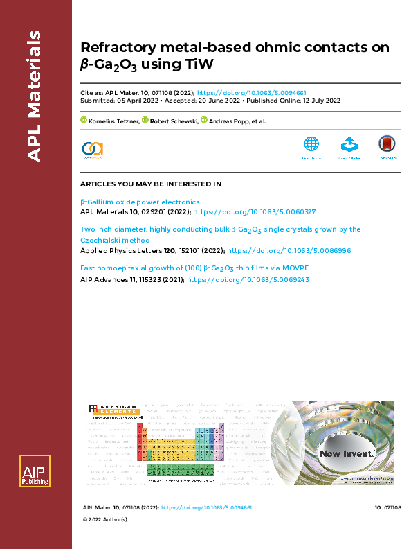 (PDF) Refractory metal-based ohmic contacts on β-Ga2O3 using TiW