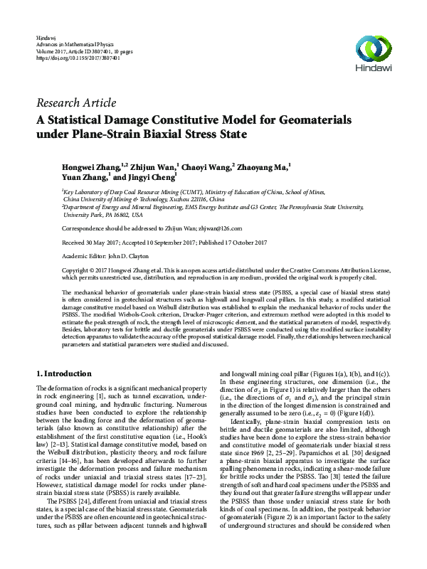 (PDF) A Statistical Damage Constitutive Model for Geomaterials under Plane-Strain Biaxial Stress ...