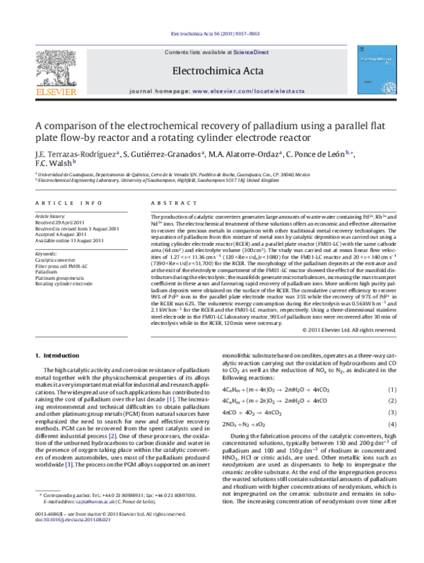 (PDF) A comparison of the electrochemical recovery of palladium using a ...