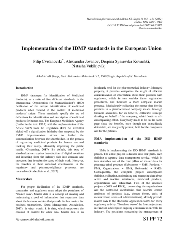 (PDF) Implementation of the IDMP standards in the European Union