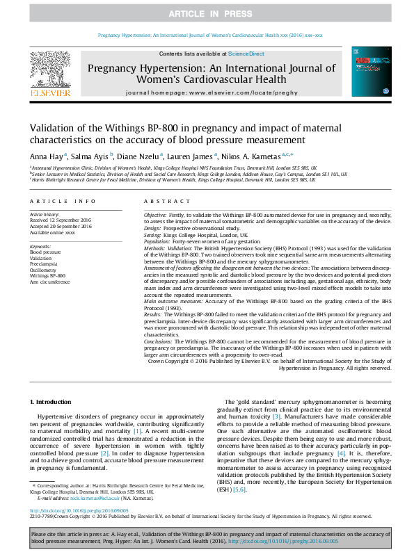 (PDF) Validation of the Withings BP-800 in pregnancy and impact of ...