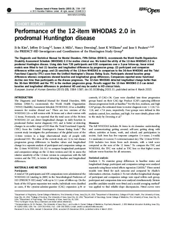 (PDF) Performance of the 12-item WHODAS 2.0 in prodromal Huntington disease