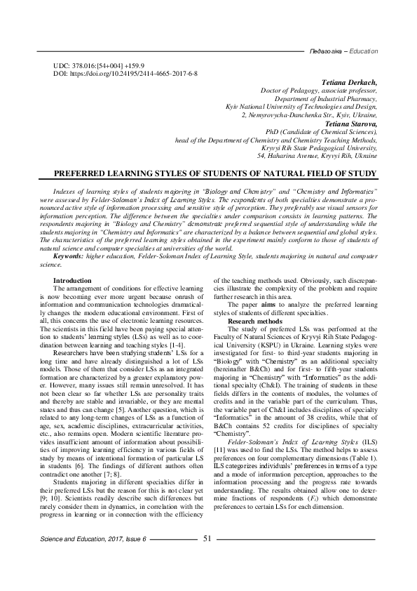 (PDF) Preferred Learning Styles of Students of Natural Field of Study