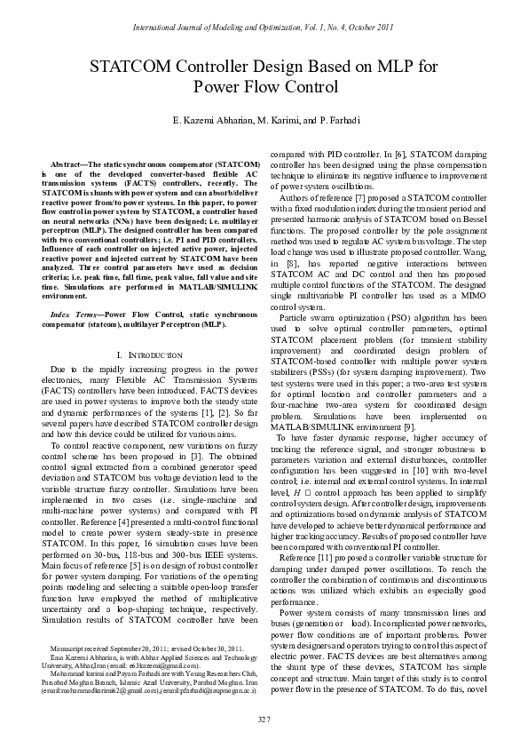 (PDF) STATCOM Controller Design Based on MLP for Power Flow Control