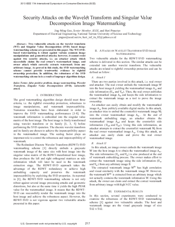 (PDF) Security attacks on the wavelet transform and singular value decomposition image watermarking