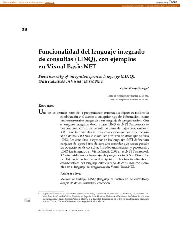 (PDF) Funcionalidad Del Lenguaje Integrado De Consultas (Linq), Con Ejemplos en Visual BASIC.NET