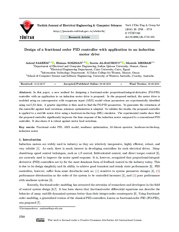 Pdf Design Of A Fractional Order Pid Controller With Application To An Induction Motor Drive 