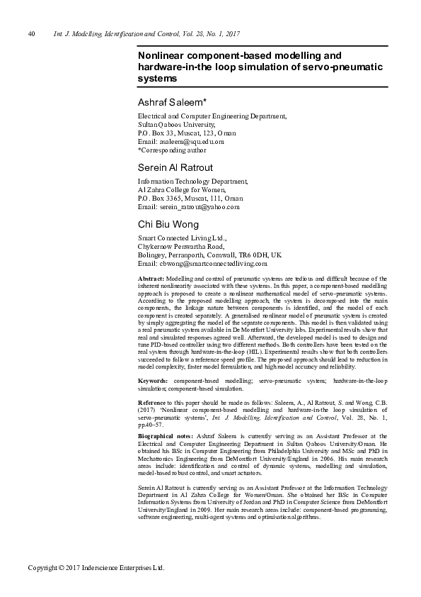 Pdf Nonlinear Component Based Modelling And Hardware In The Loop Simulation Of Servo Pneumatic