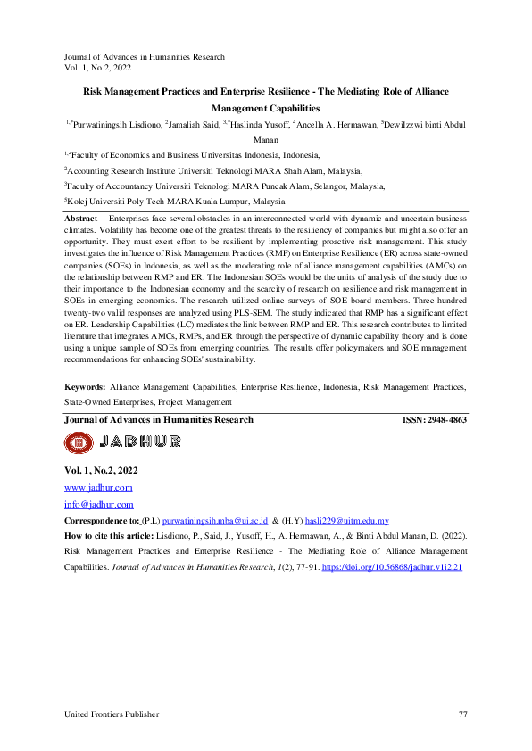 (PDF) Risk Management Practices and Enterprise Resilience - The Mediating Role of Alliance ...