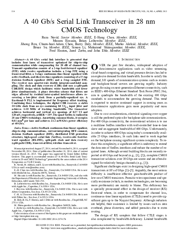(PDF) A 40-Gb/s serial link transceiver in 28-nm CMOS technology