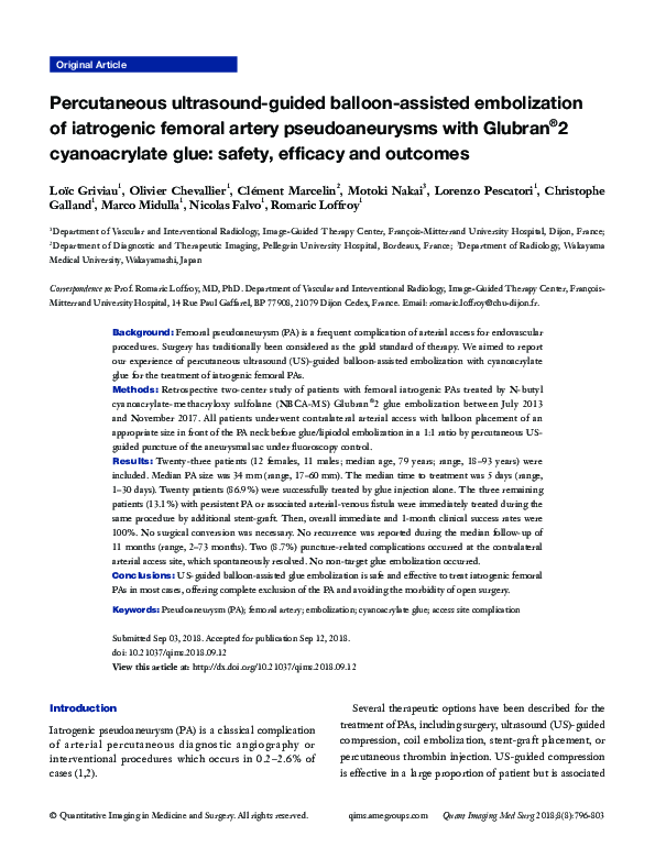 Pdf Percutaneous Ultrasound Guided Balloon Assisted Embolization Of Iatrogenic Femoral Artery
