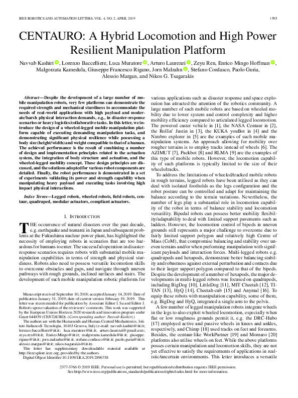 Pdf Centauro A Hybrid Locomotion And High Power Resilient