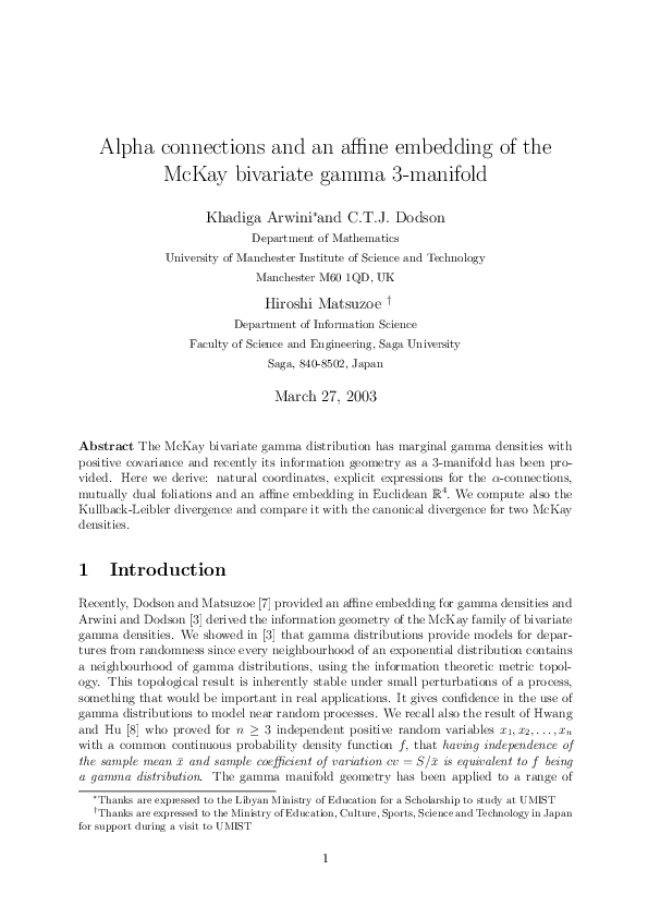 (PDF) Alpha connections and an ane embedding of the McKay bivariate gamma 3-manifold